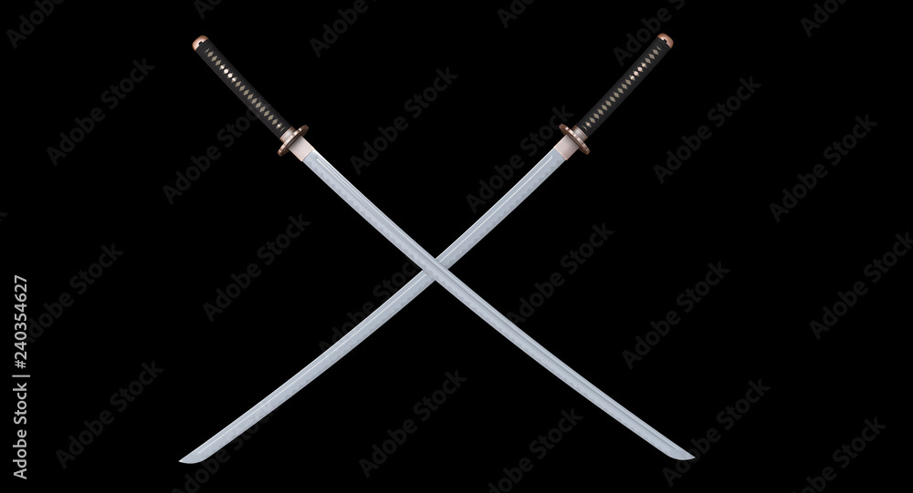 two crossed katana isolated on black background 3d rendering Stock ...