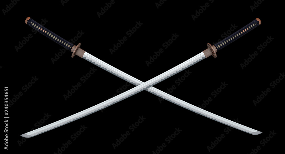 two crossed katana isolated on black background 3d rendering Stock ...