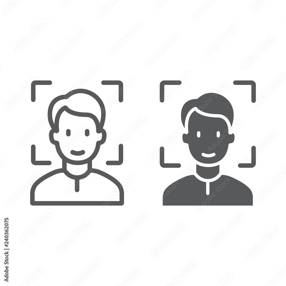 Face ID line and glyph icon, face recognition and face identification ...