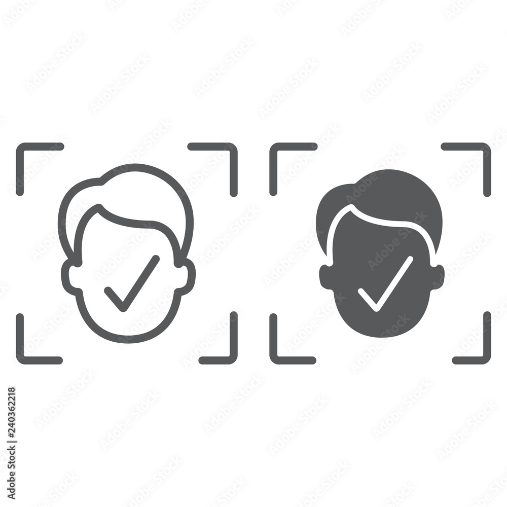 Face ID line and glyph icon, face recognition and face identification ...