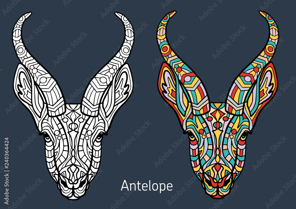 Coloring book for adults. antelope head with hand-drawn patterns. The ...