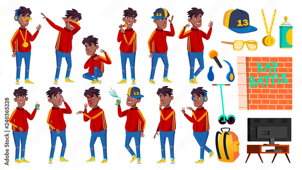 Rap Bottle Singer Boy Schoolboy Poses Set Vector. Black. Afro American ...