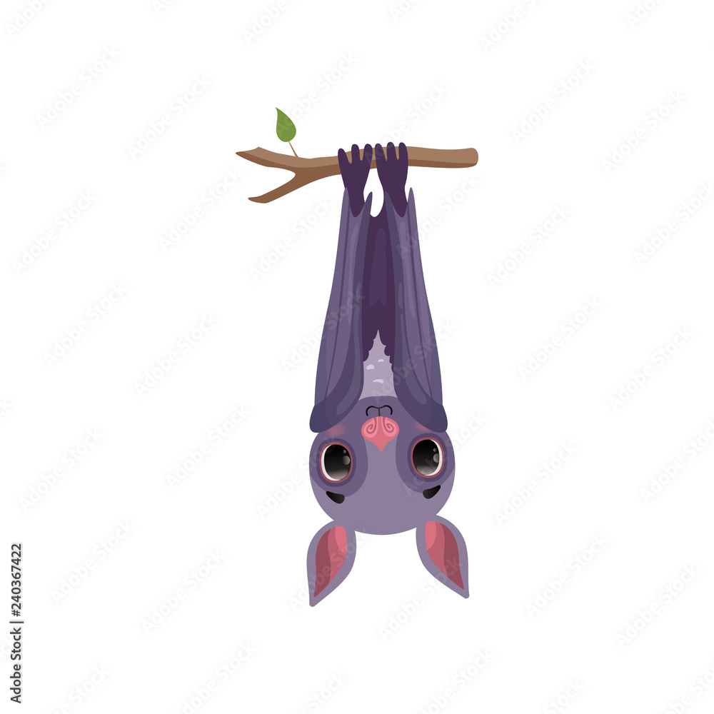 Funny bat hanging upside down on tree branch, cute creature cartoon ...