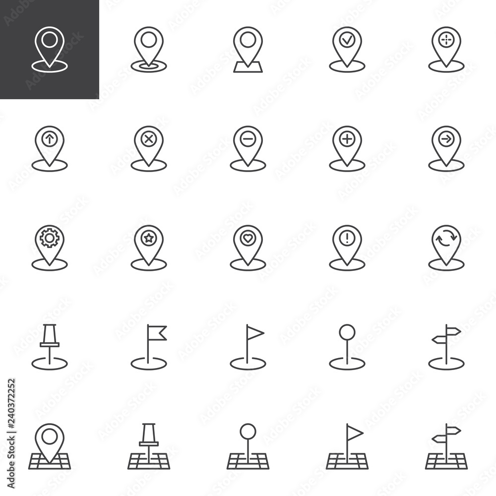 Gps navigation outline icons set. linear style symbols collection line ...