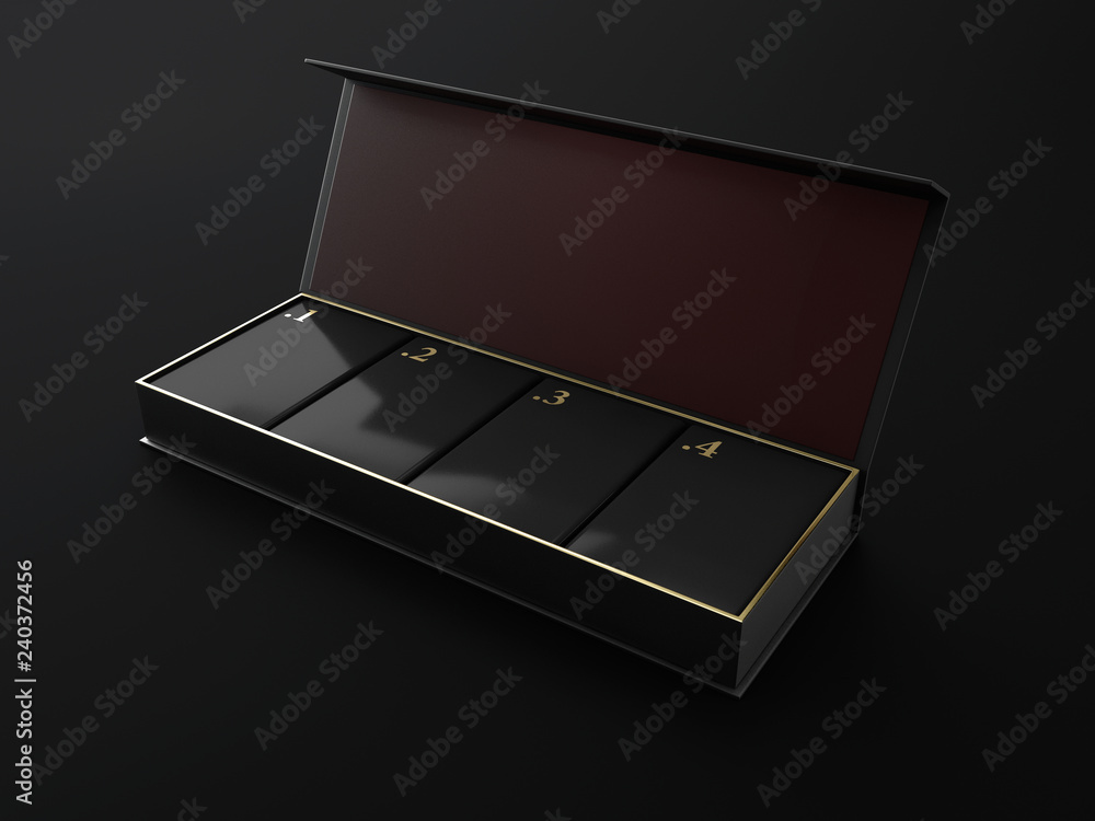 Opened Square Black Boxes Mockup with four square box in and golden ...