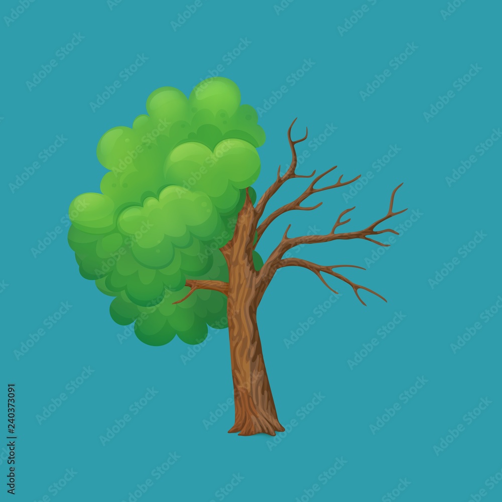 Cartoon tree split in half isolated on a blue background. Part with ...