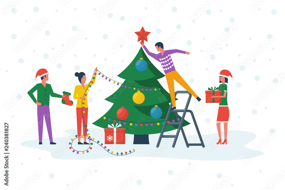 Decorating christmas tree cartoon style. Christmas gifts decorations ...