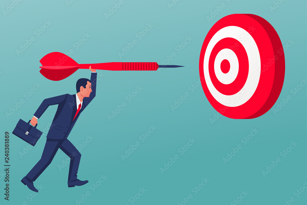 Purpose business concept. Businessman throws a spear in target ...