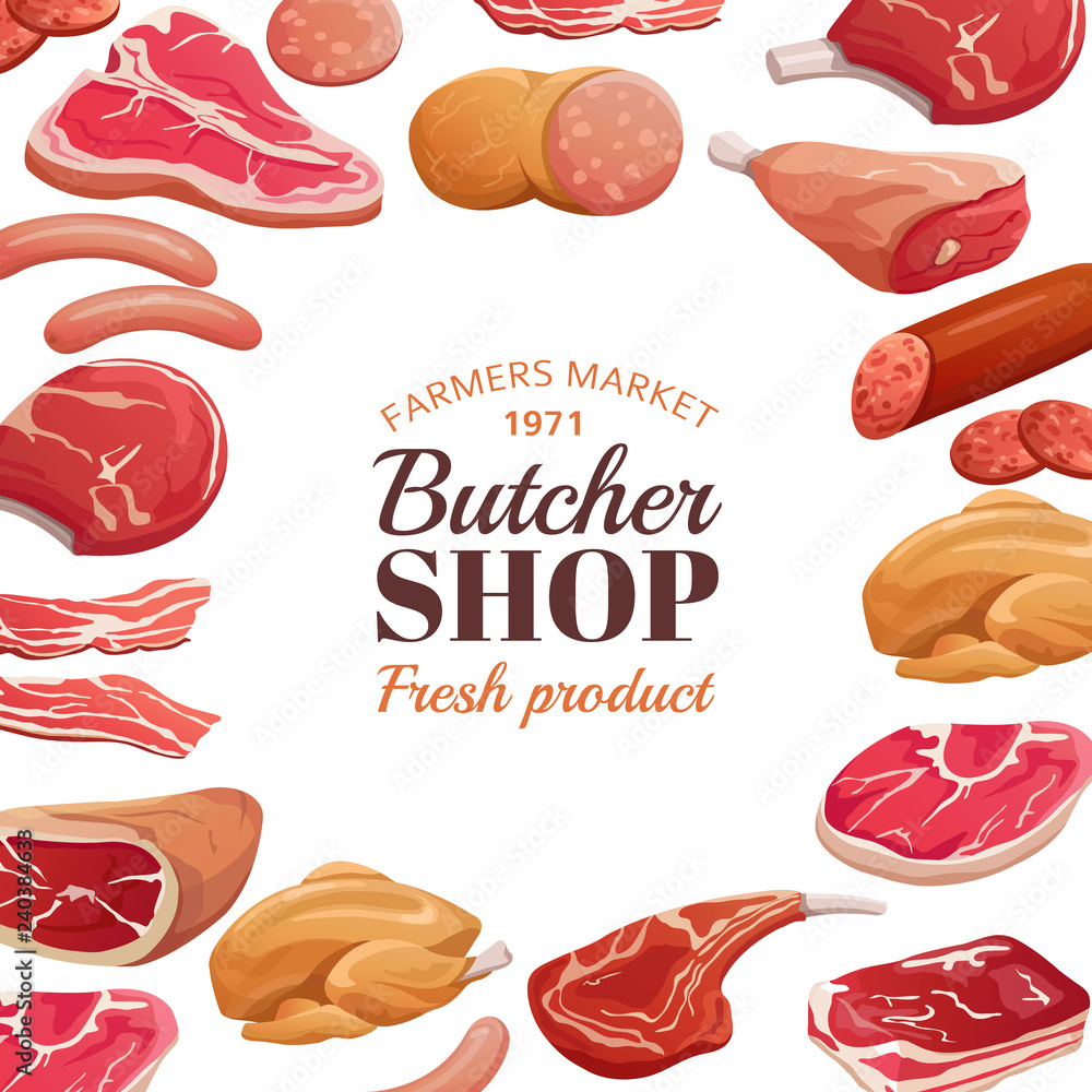 Butchery poster. Fresh meat raw, beef steak and pork ham. Meat product ...