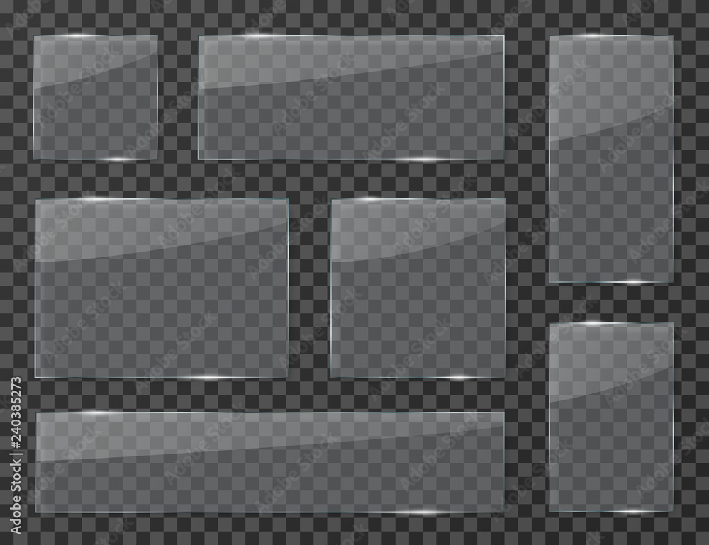 Glass transparent banners. Clear window glass with reflection. Plastic ...