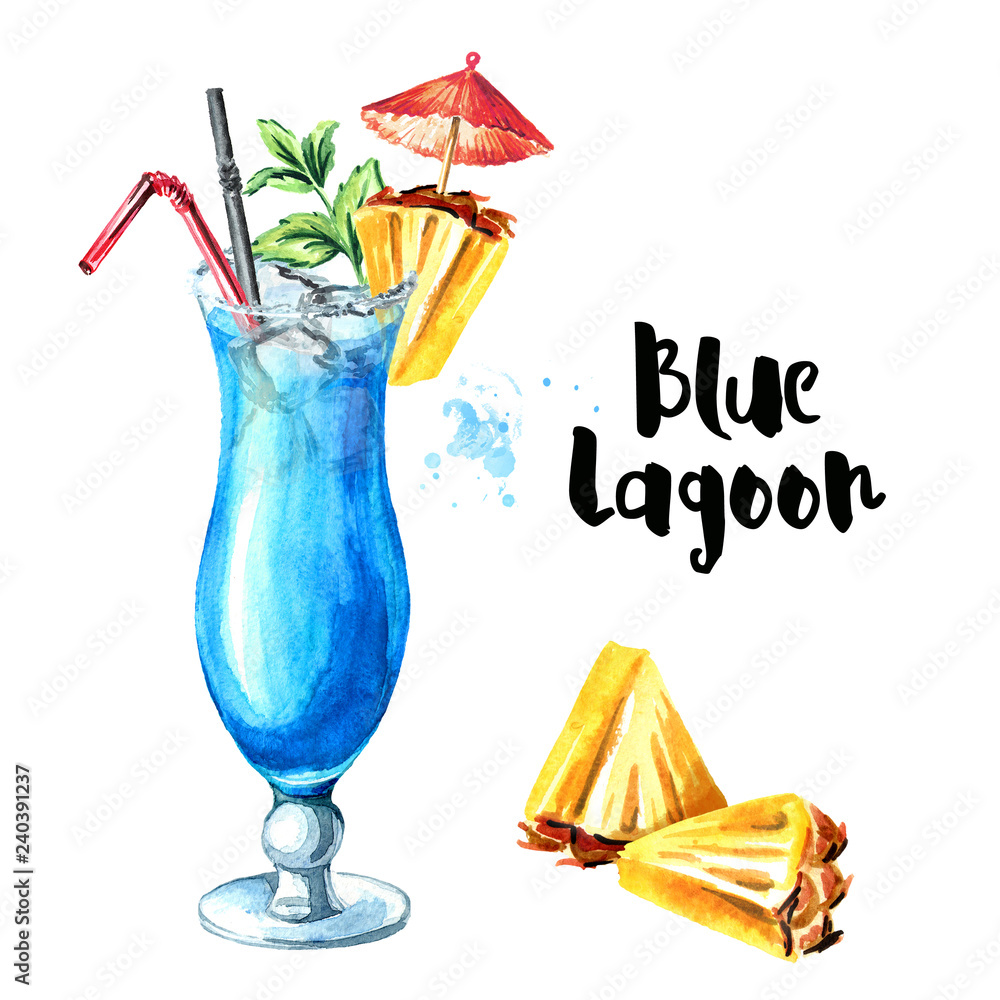 Cocktail party. Blue lagoon cocktail with decor elements. Watercolor ...