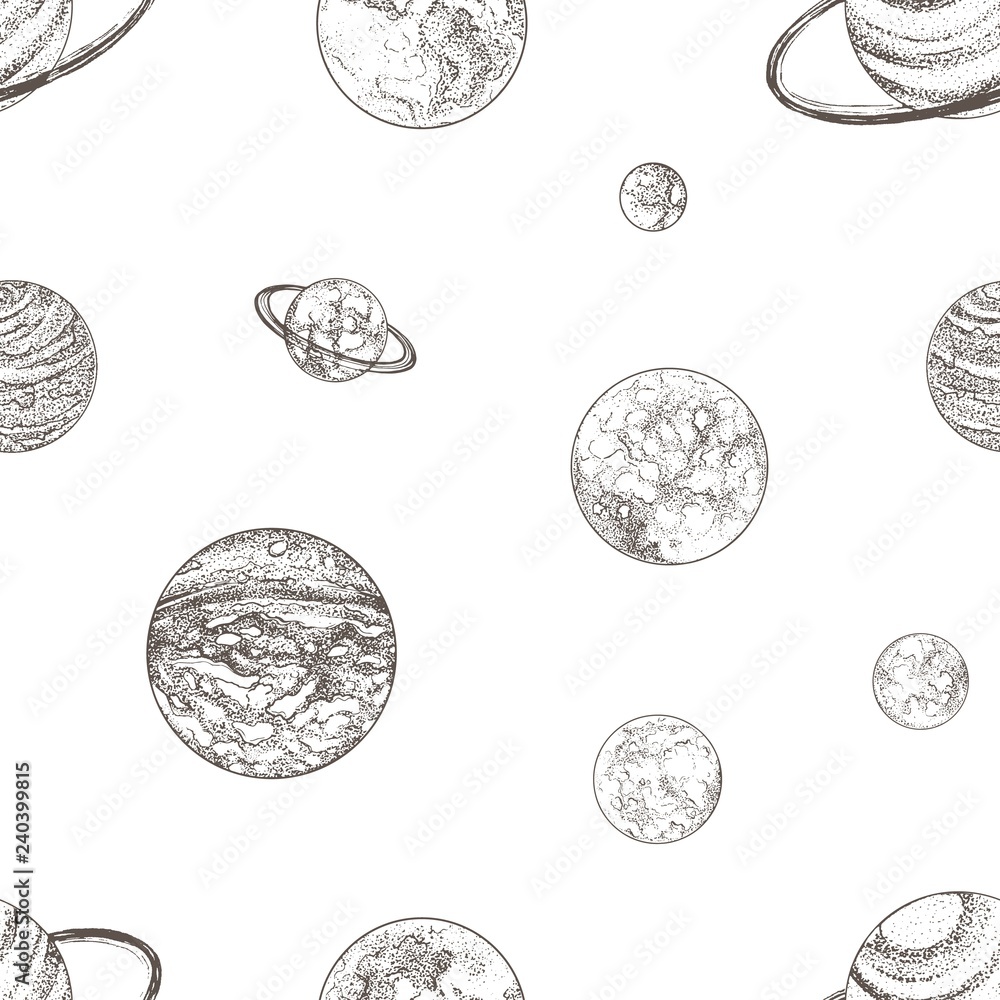 Seamless pattern with planets of Solar system and other celestial ...