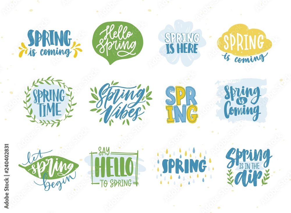Bundle of spring or springtime phrases or slogans handwritten with ...