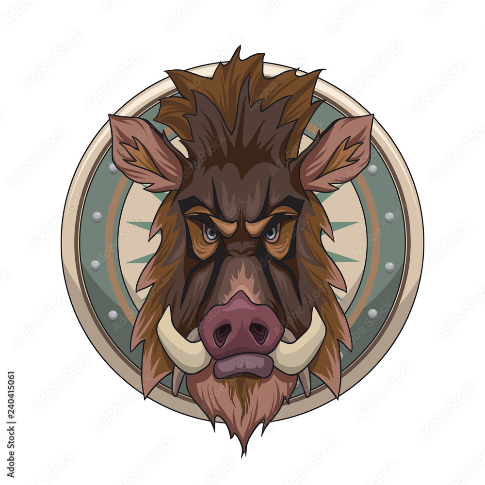 Cartoon style wild boar head on the shield Stock Vector | Adobe Stock