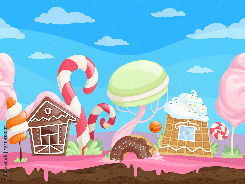 Game seamless sweet landscape. Fantasy delicious background desserts ...