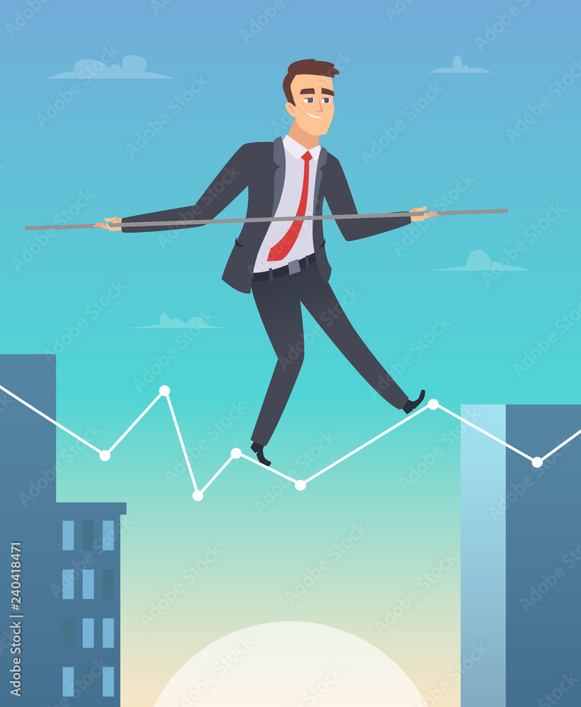 Businessman balancing. Concept picture of happy worker manager going to ...