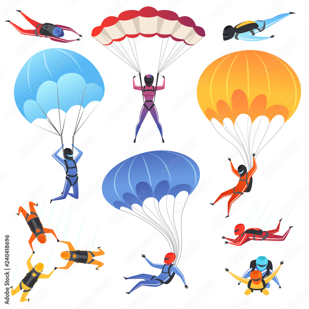 Extreme parachute sport. Adrenaline characters jumping paragliding and ...