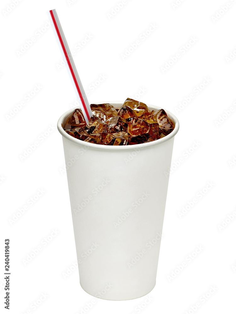 Cola with ice and straw in blank white take away paper cup isolated on ...