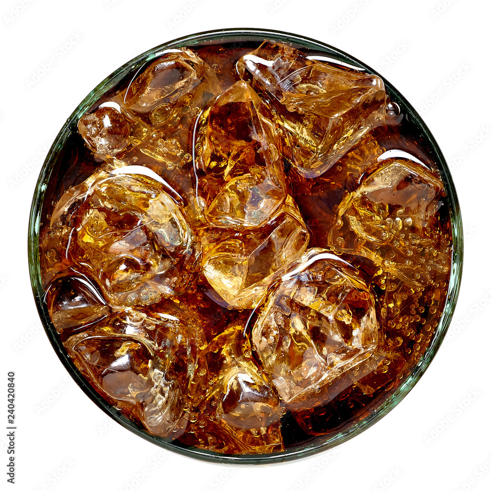 Cola in glass with ice cubes from top view isolated on white background ...