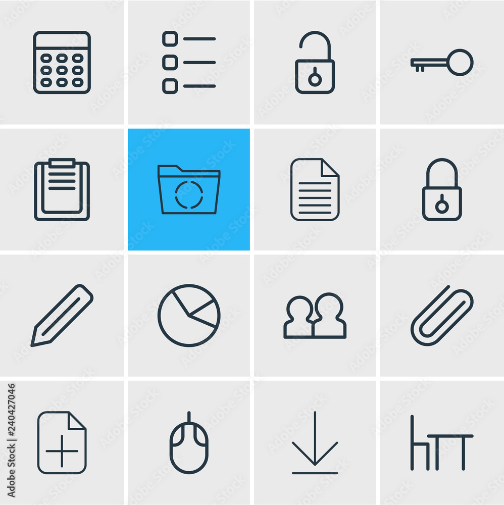 Vector illustration of 16 bureau icons line style. Editable set of ...