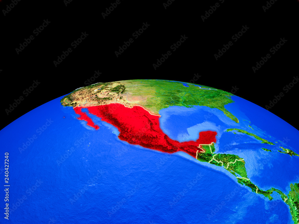 Mexico on model of planet Earth with country borders and very detailed ...
