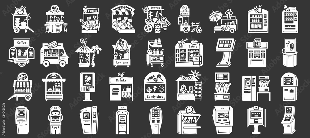 Kiosk icon set. Simple set of kiosk vector icons for web design on gray ...