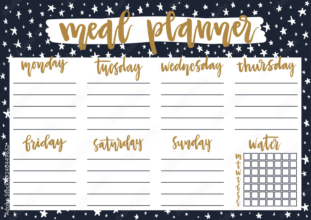 Cute A4 template for weekly and daily meal planner with lettering on ...