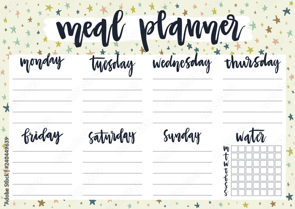 Cute A4 template for weekly and daily meal planner with lettering on ...