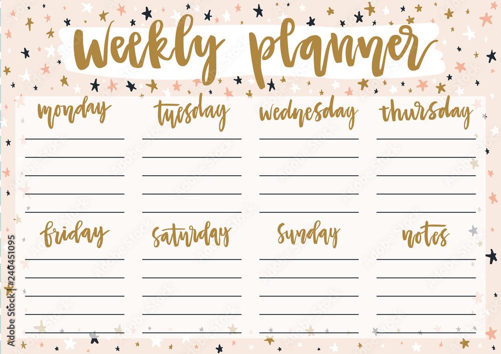 Cute weekly planner for 2019 year on pastel background with stars. A4 ...