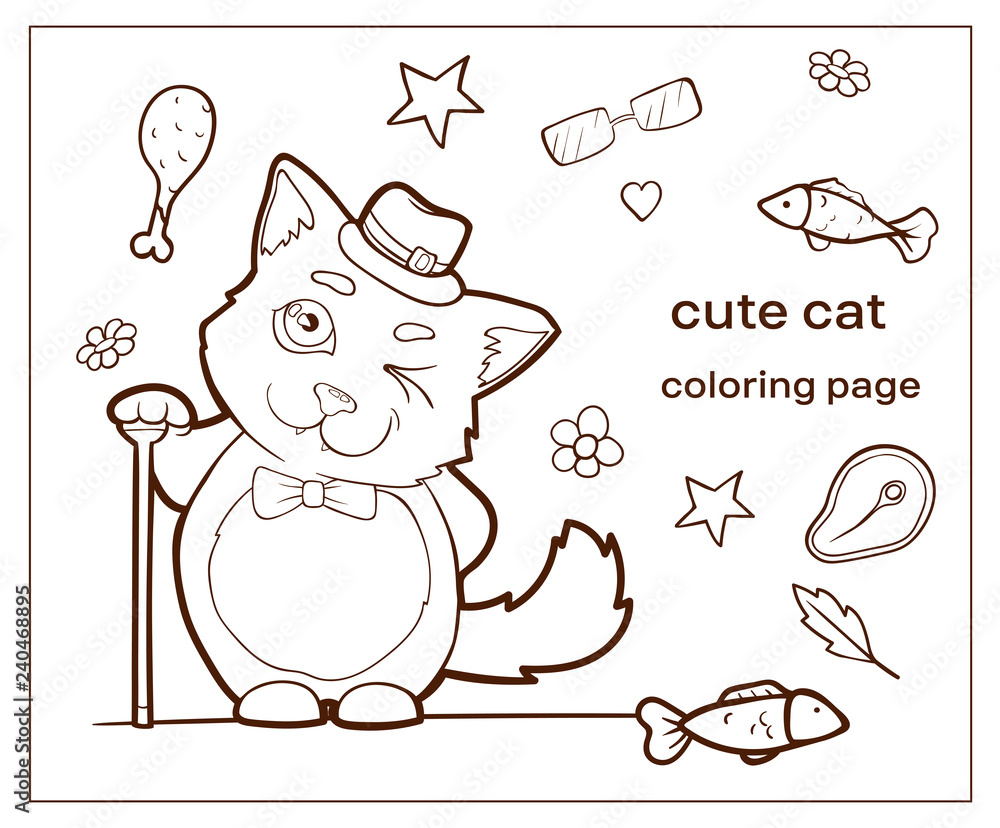 Cartoon character cute cat. Coloring page kitty. Stock Vector | Adobe Stock