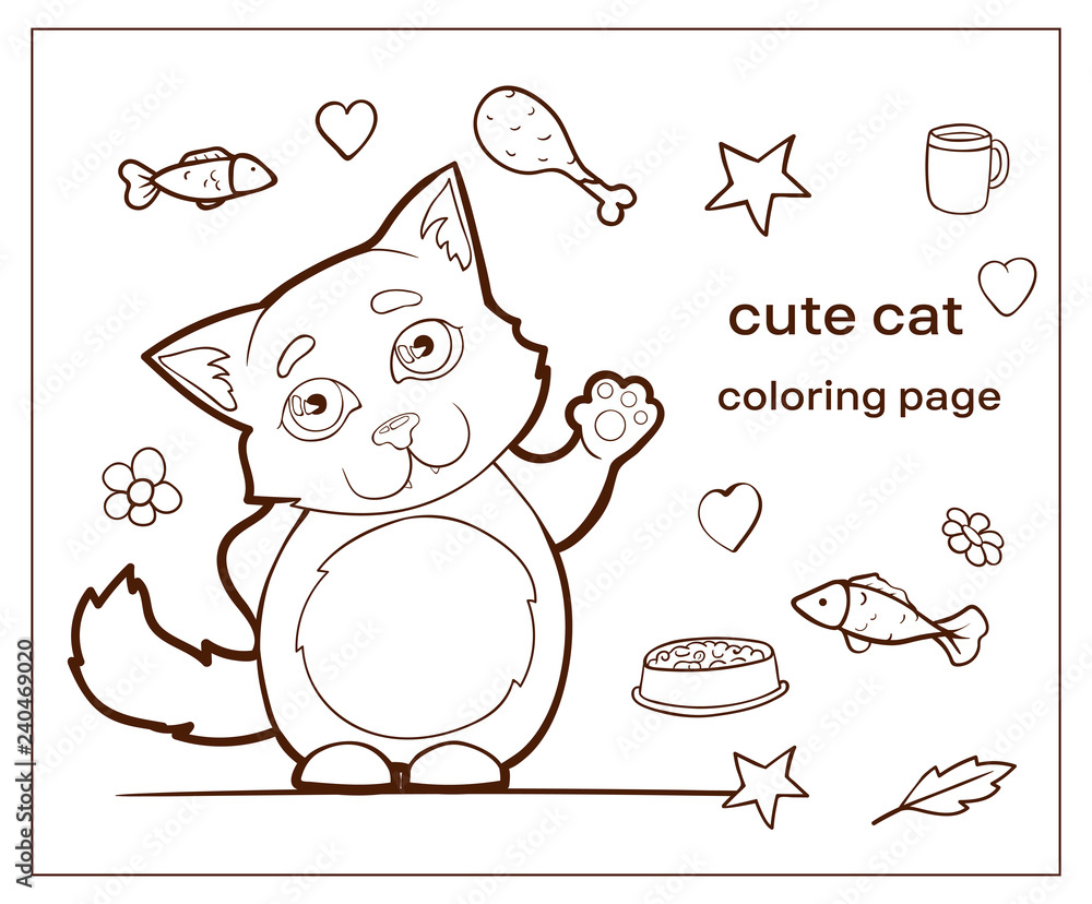 Cartoon character cute cat. Coloring page kitty. Stock Vector | Adobe Stock