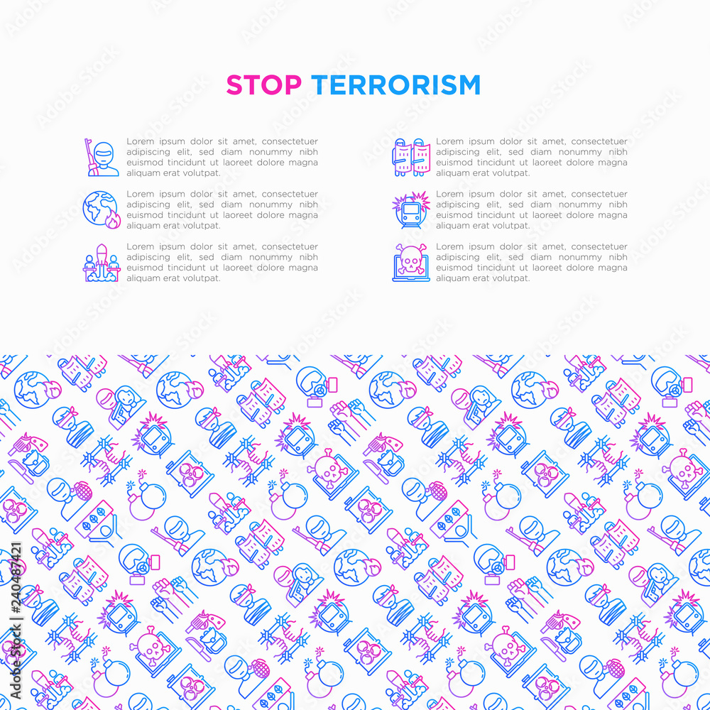 Stop terrorism concept with thin line icons: terrorist, civil disorder ...