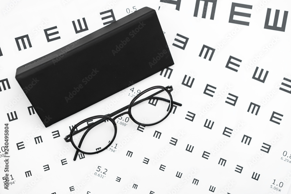 Eyeglasses and visual acuity chart in white background Stock Photo ...