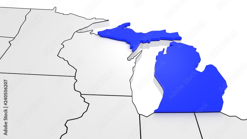 Michigan state highlighted in blue on 3D map of the United States Stock ...