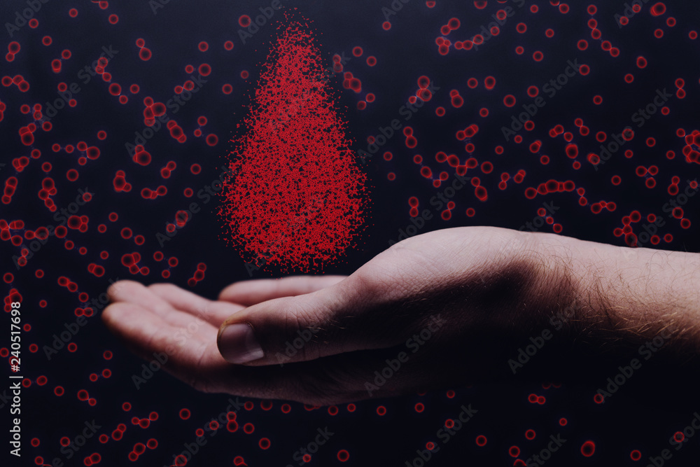 Human hand holding blood drop. Mixed media. Stock Photo | Adobe Stock