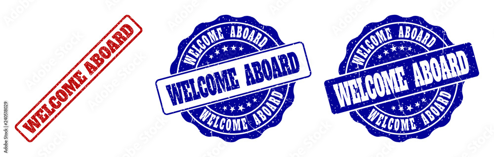 Vektorová grafika „WELCOME ABOARD scratched stamp seals in red and blue ...