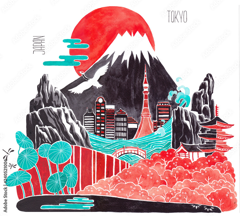 Stylized Japan. Tokyo. Watercolor sketch. Stock Illustration | Adobe Stock