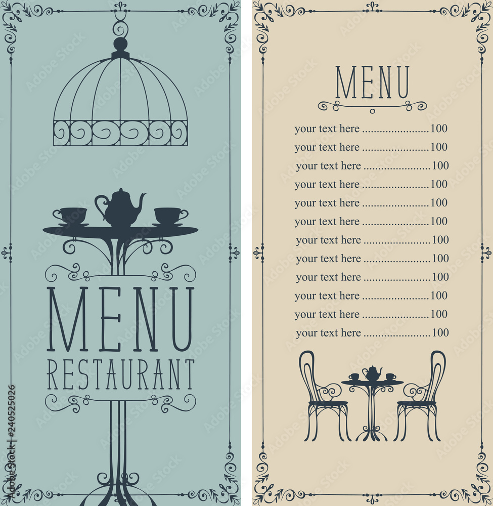 Vector menu for restaurant or cafe with a price list and a table for ...