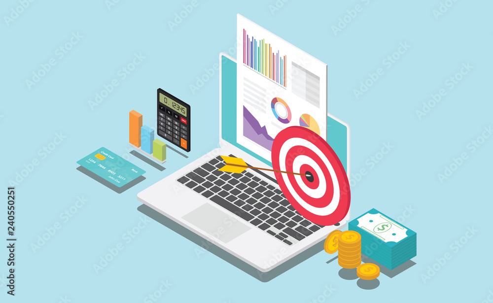isometric financial company or personal target with data graph chart ...