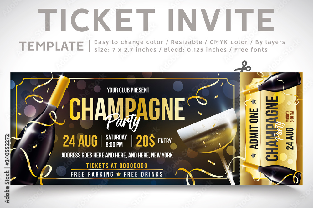 Gold champagne. Invitation Ticket. Ticket party, new year invite ...