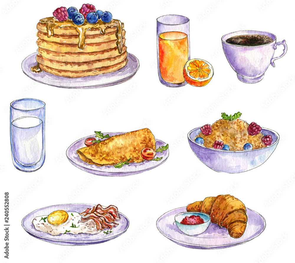 watercolor drawing breakfast Stock Illustration | Adobe Stock