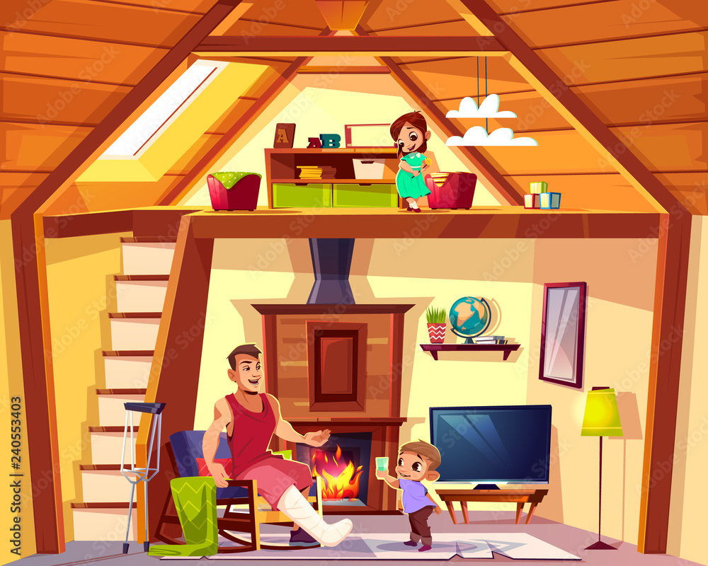 Vector cartoon interior of house with family. Disabled father with ...