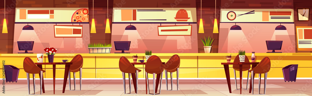 Vector horizontal illustration with cafe. Cartoon cozy interior with ...