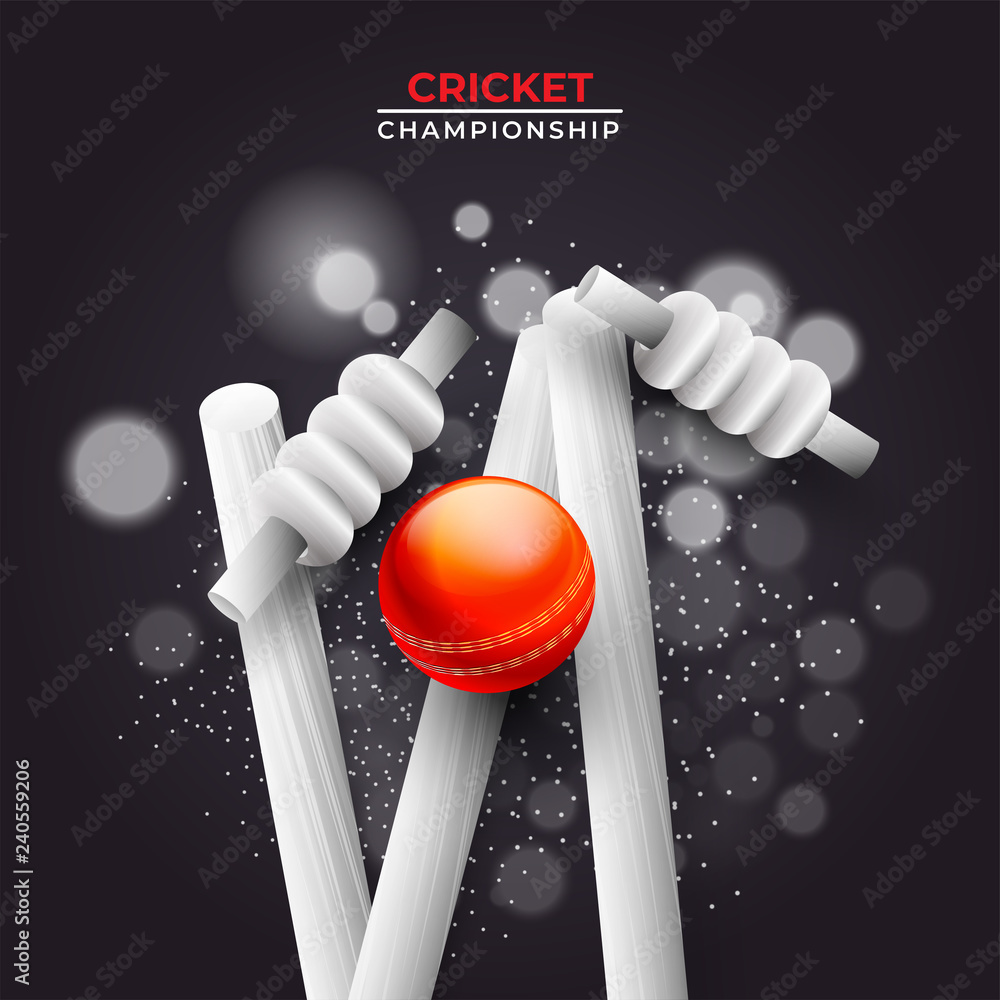 Realistic ball hit wicket stumps on black bokeh background for Cricket ...