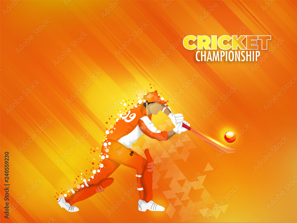 Cricket player in playing action on abstract orange background. Cricket ...