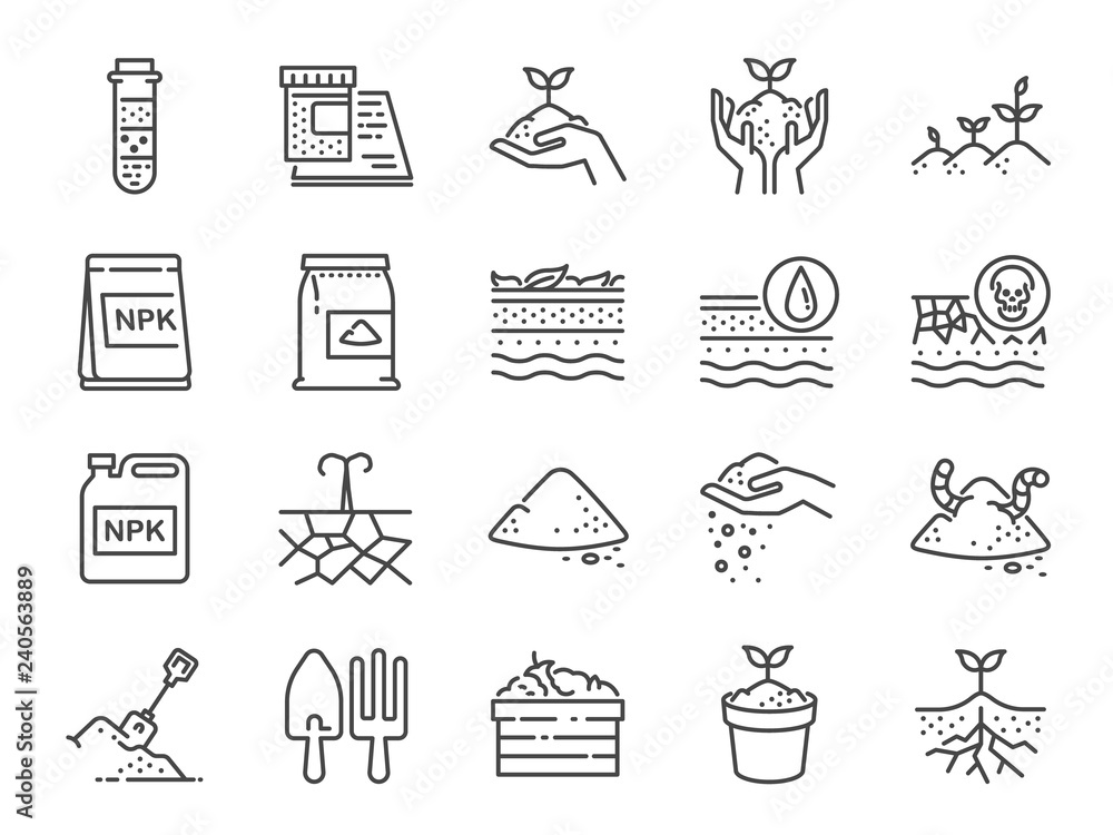 Soil line icon set. Included the icons as earth, compost, land, dirt ...