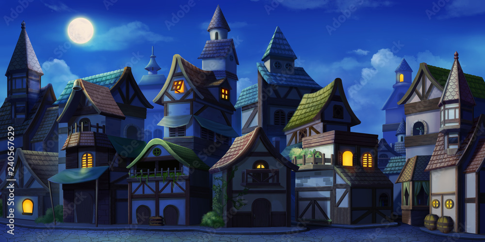 Small Fairy Tale Town Night. Fiction Backdrop. Concept Art. Realistic ...