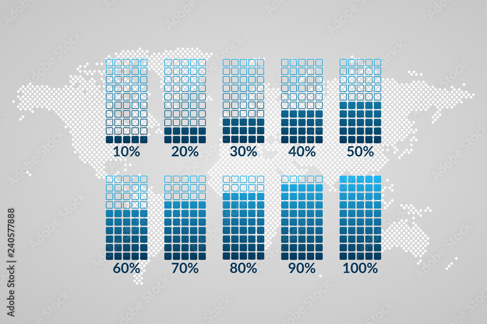 10 to 100 percent charts. Blue symbols on dotted world map background ...