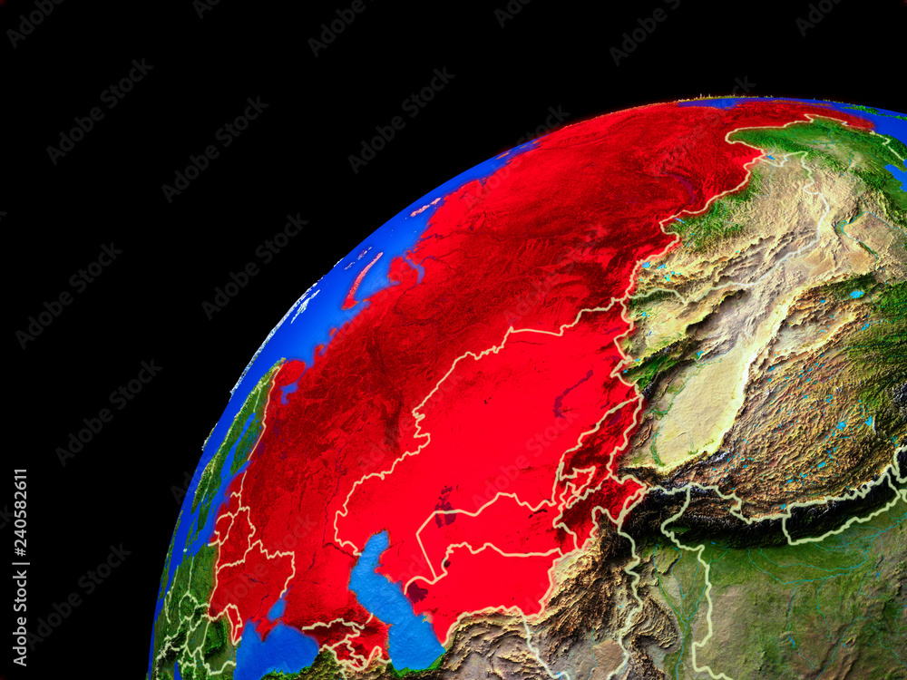 Former Soviet Union from space. Planet Earth with country borders and ...