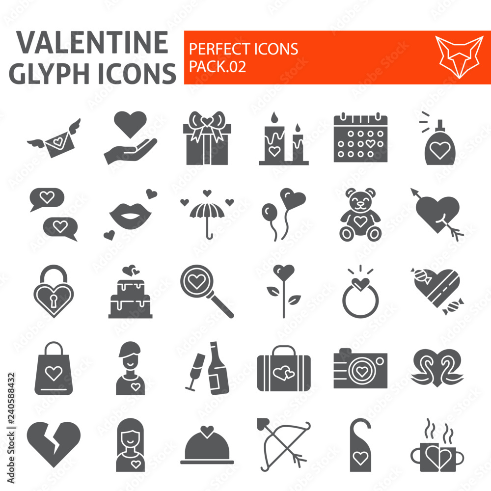 Valentines day glyph icon set, romance symbols collection, vector ...